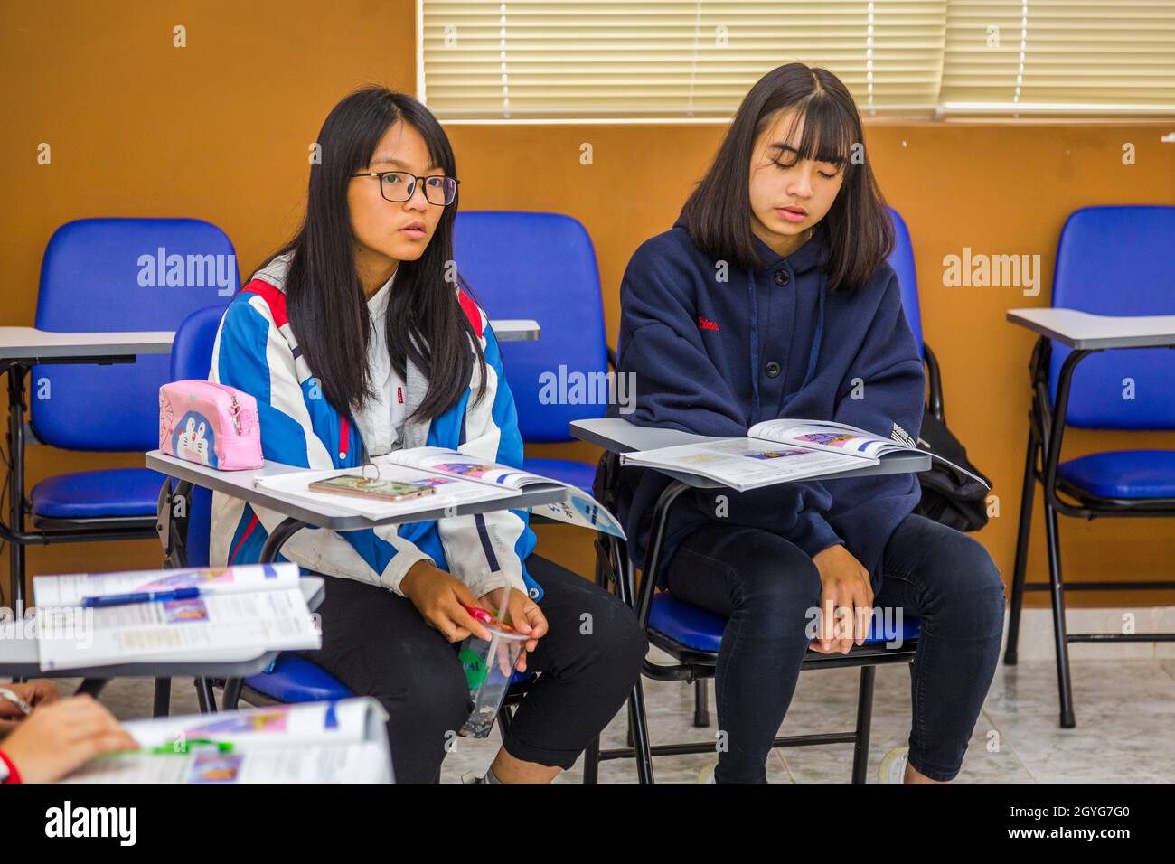 Two girls in class learning Stock Photo - Alamy