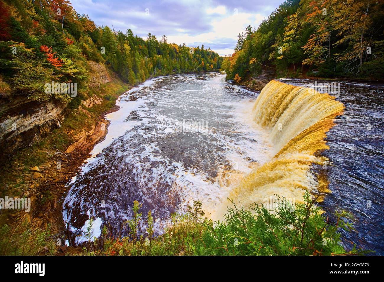Wide shot of Tahquamenon Falls waterfall with golden brown waterfall ...