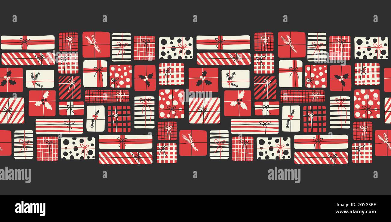 Retro 70s Whimsical Christmas Hand Drawn Gift Boxes Vector Seamless ...