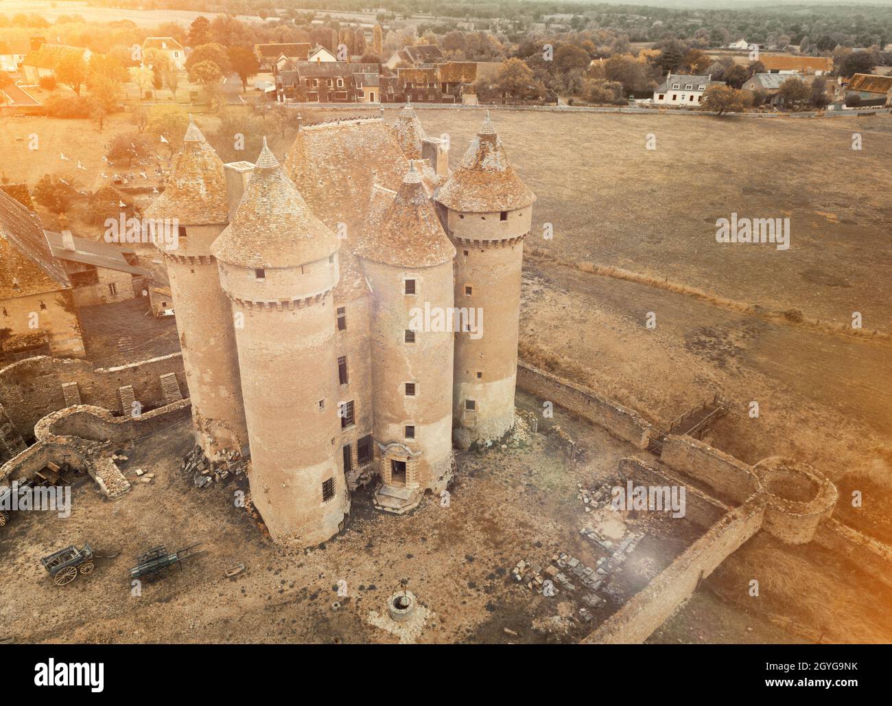 Aerial view of medieval Chateau Sarzay Stock Photo - Alamy