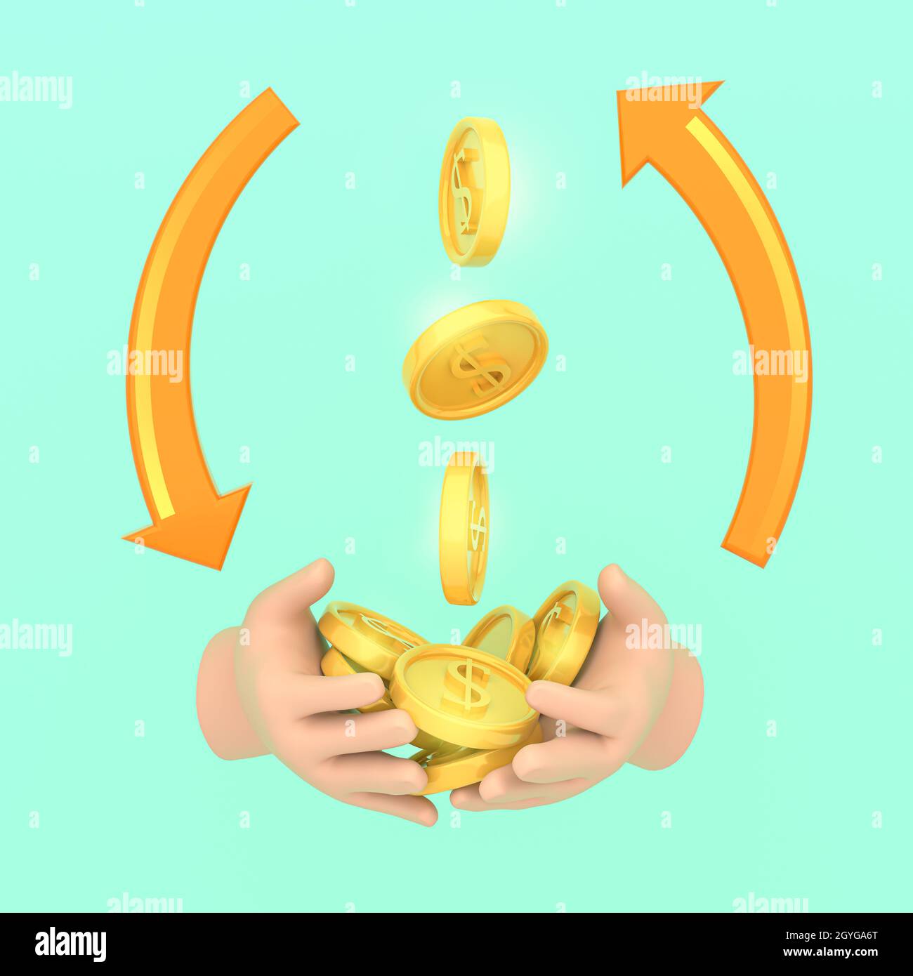 Cartoon hands and gold coins with arrows in pastel colors. The concept ...