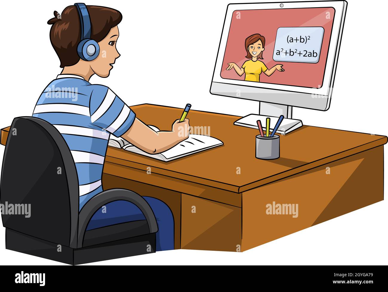 Cartoon vector illustration of a kid doing e-distance learning Stock ...
