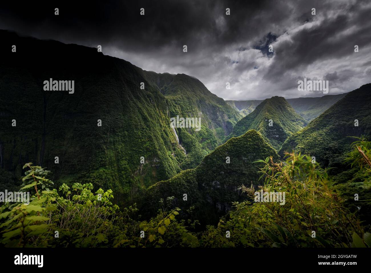 Landscape of Takamaka Valley during a cloudy day, Reunion Island Stock ...