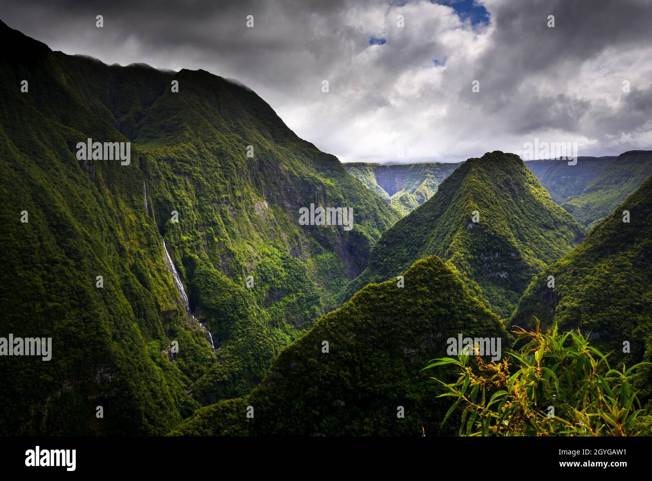 Landscape of Takamaka Valley during a cloudy day, Reunion Island Stock ...