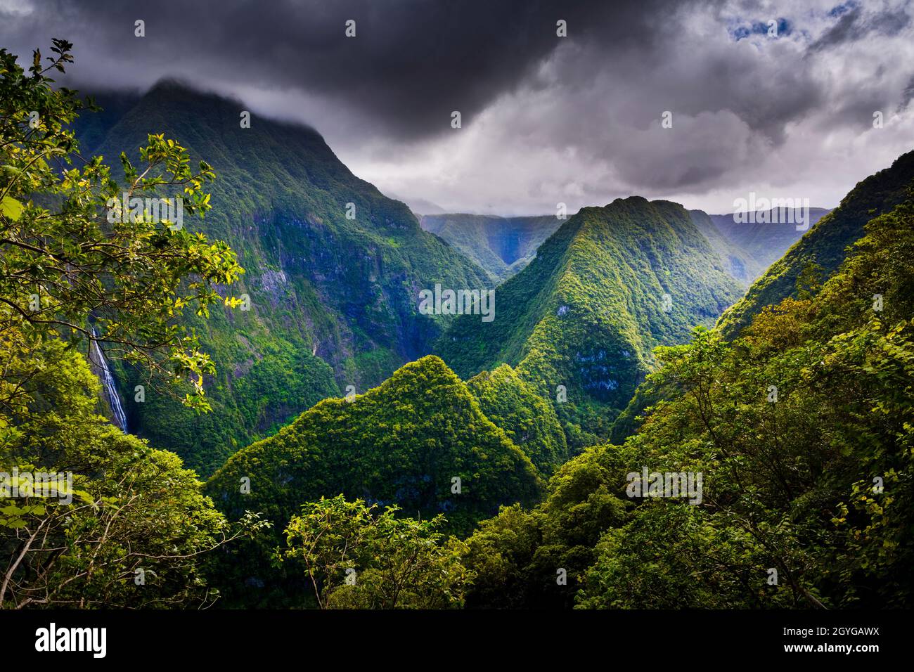 Landscape of Takamaka Valley during a cloudy day, Reunion Island Stock ...