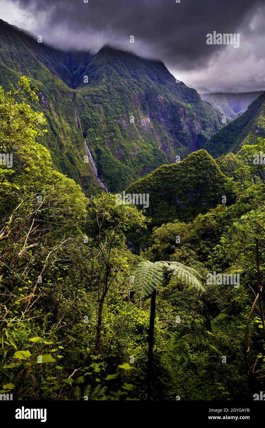 Waterfall and cloudy landscape at Takamaka Valley, Reunion Island Stock ...