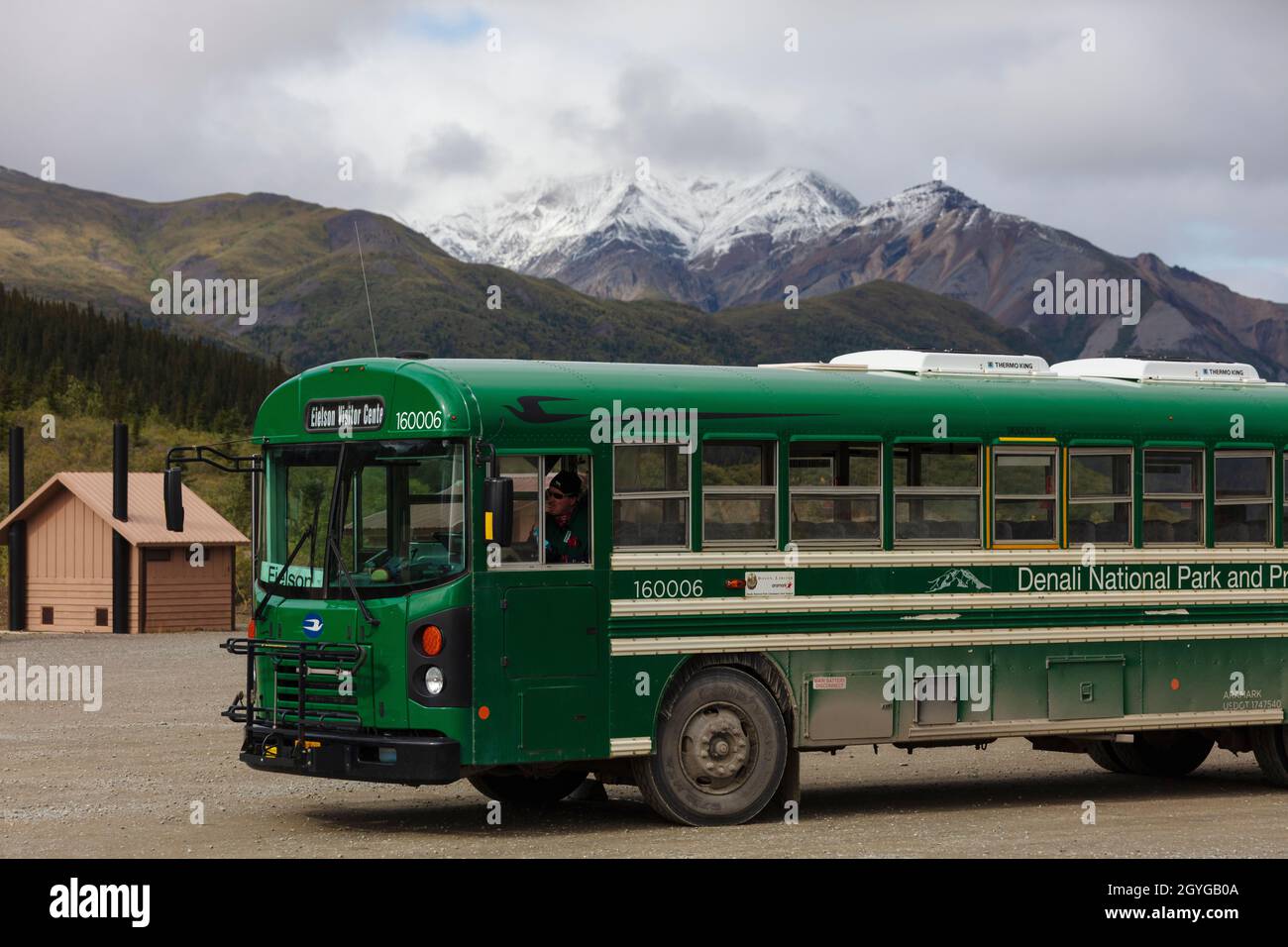 One of the many buses which transport visitors along the 96 mile road ...