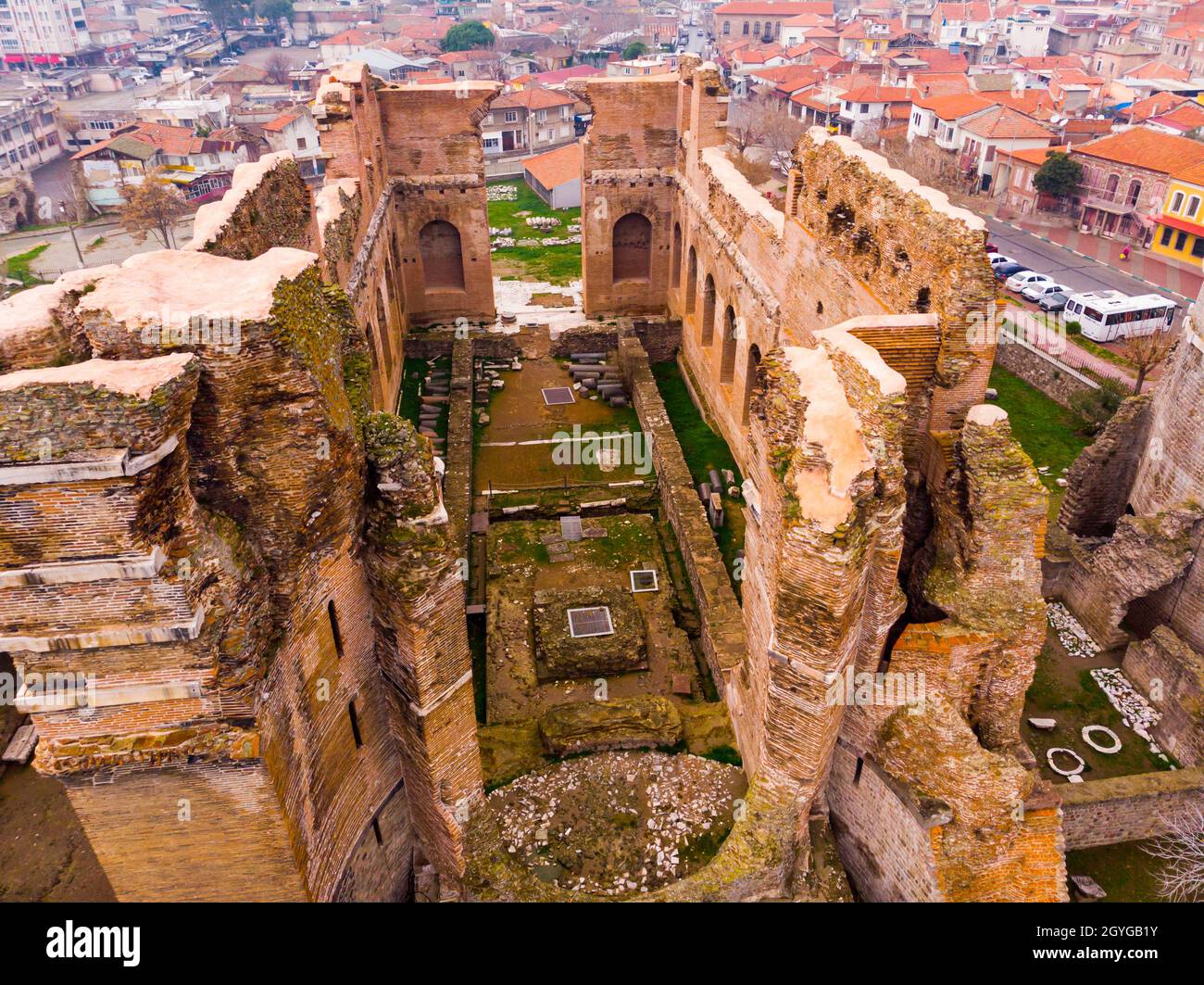 View from drone of Red Basilica ruins in Bergama in winter day, Turkey ...