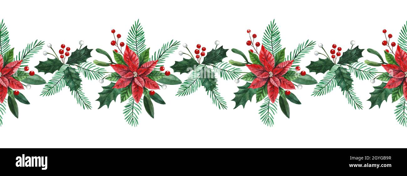 Watercolor seamless border with holiday Christmas plants and berries ...