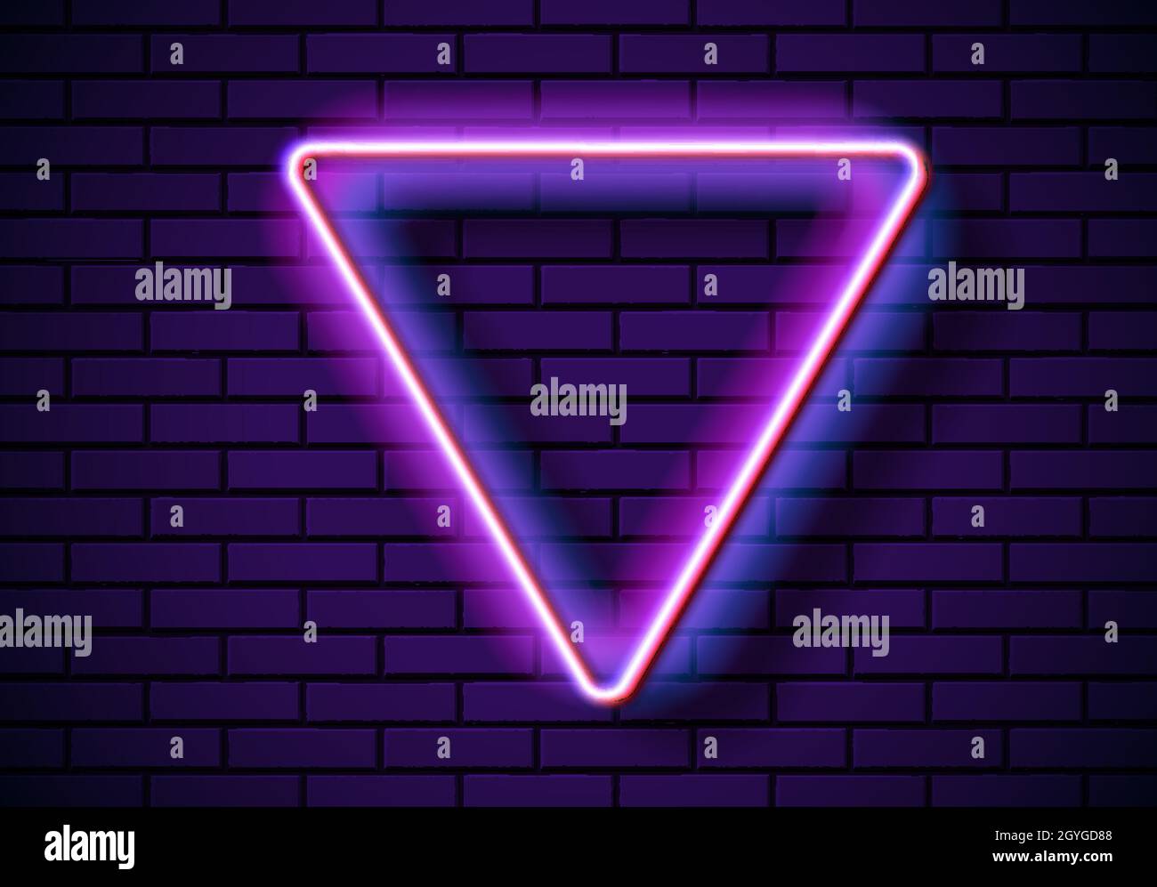 Neon frame with triangle shape on the blue brick wall. Classic ...