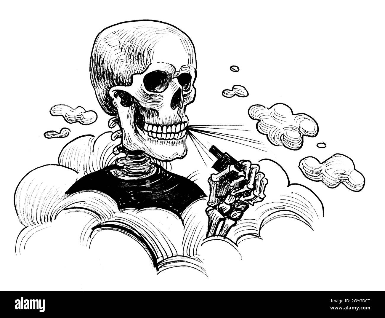 Vaping human skeleton with vaping electronic cigarette. Ink black and ...