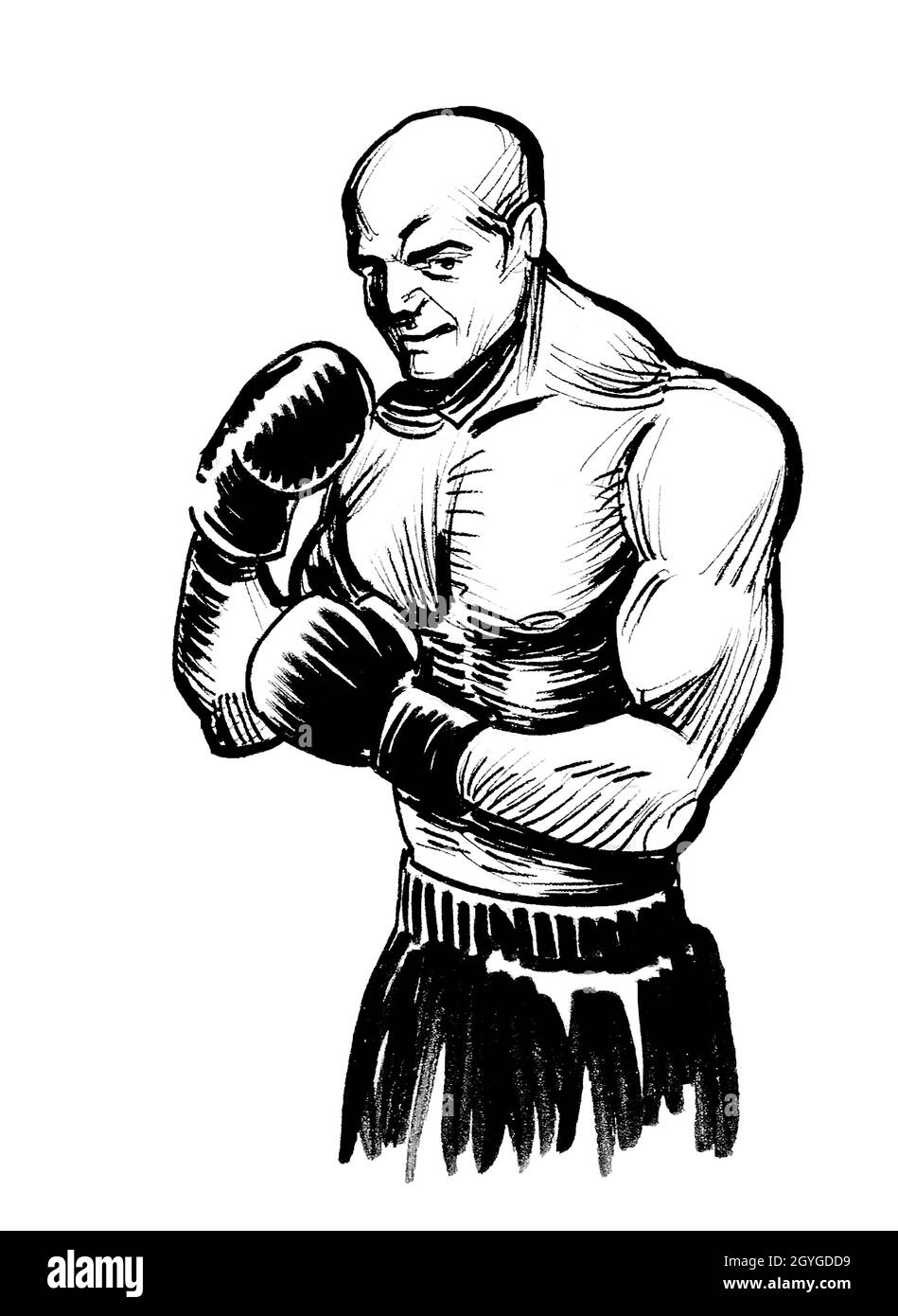 Strong muscular boxer. Ink black and white drawing Stock Photo - Alamy