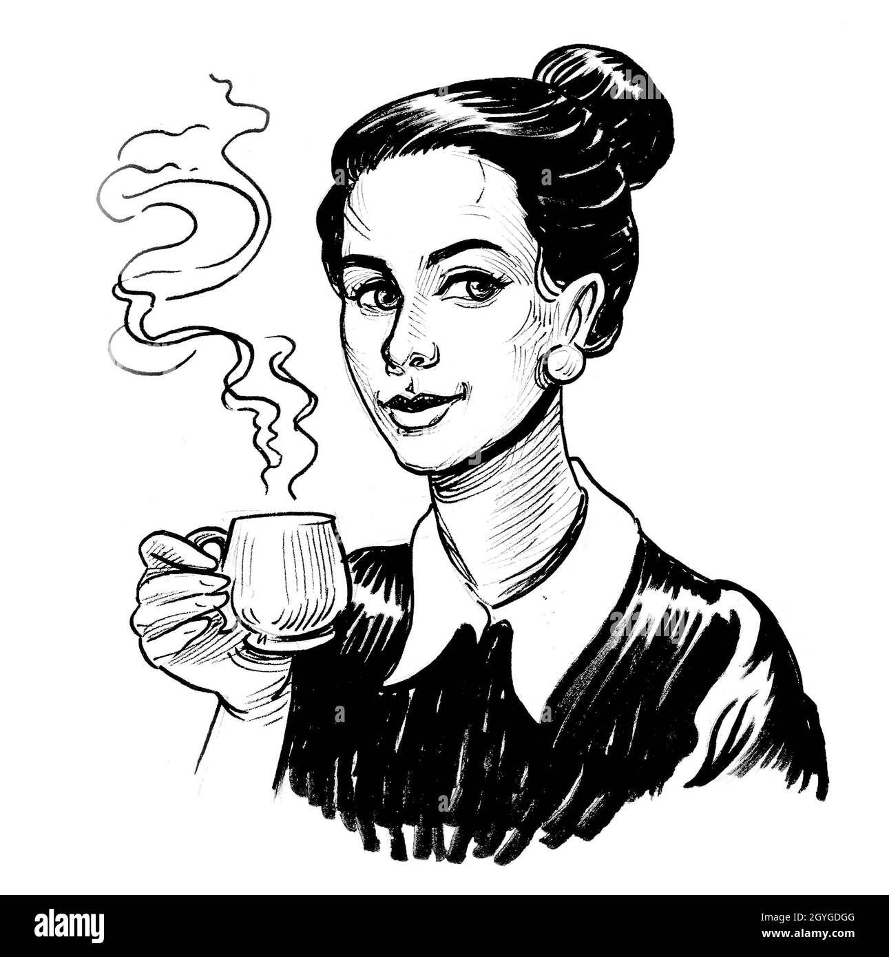 Pretty woman drinking a cup of coffee. ink black and white drawing ...