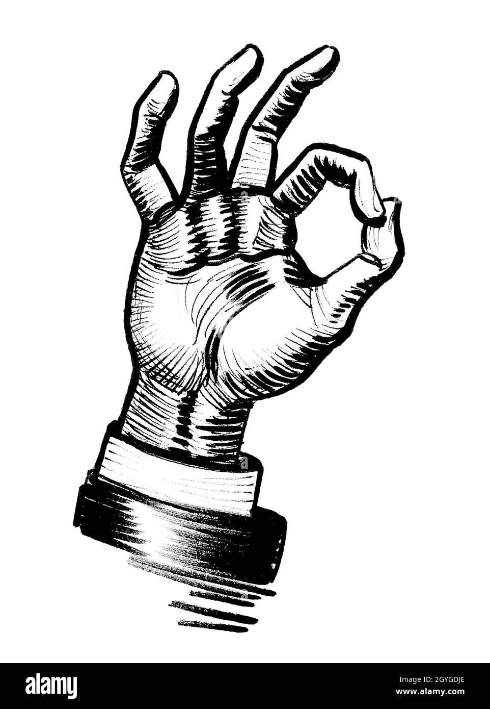 Hand making okay sign. Ink black and white drawing Stock Photo - Alamy