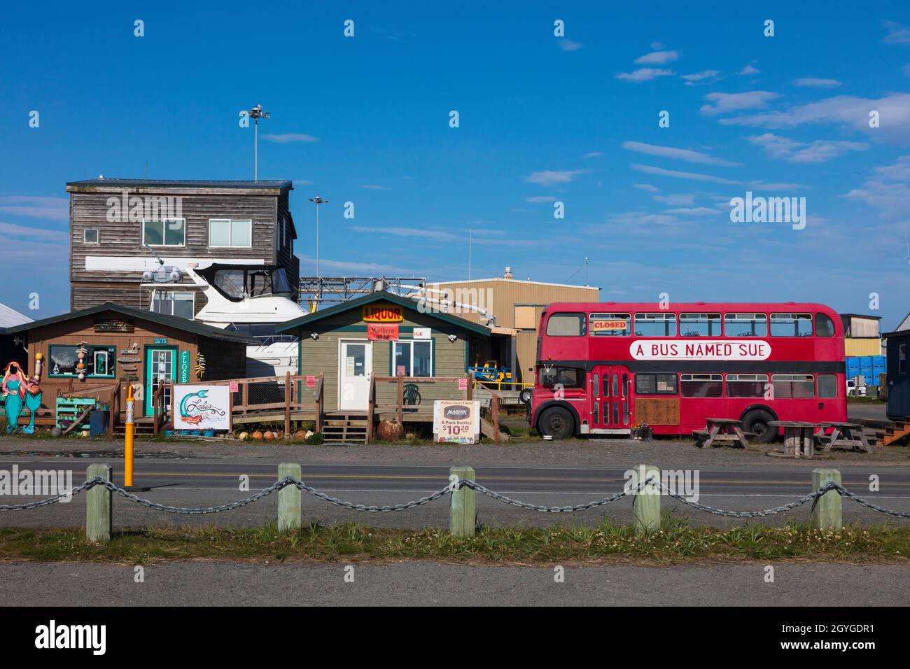 Tourist shops and a Bus Named Sue on the Homer spit - ALASKA Stock ...
