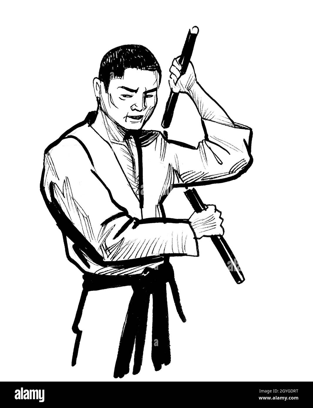 Asian warrior with nunchucks. ink black and white drawing Stock Photo ...