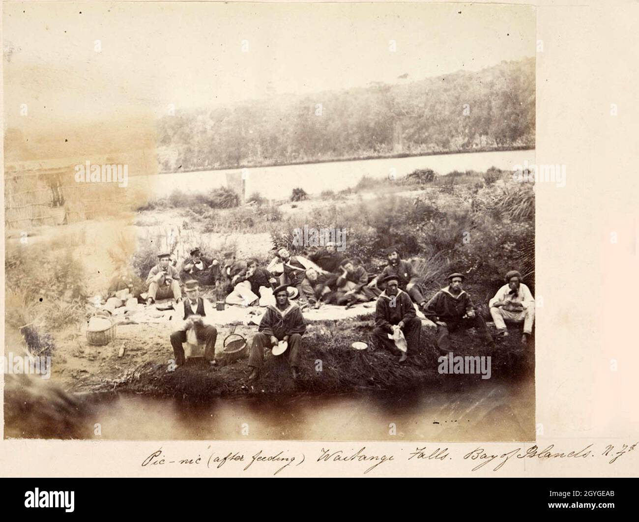 sailors from HMS Pelorus on a picnic at Waitangi Falls, 1861 ...