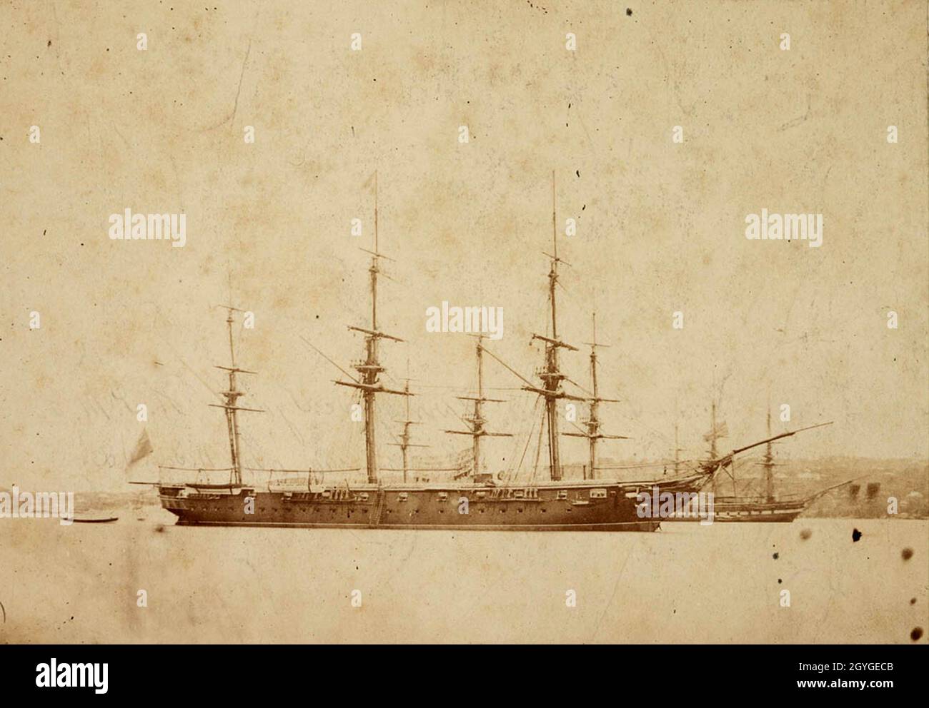 HMS Pelorus at anchor, circa 1861, after completing a cruise to Fiji ...