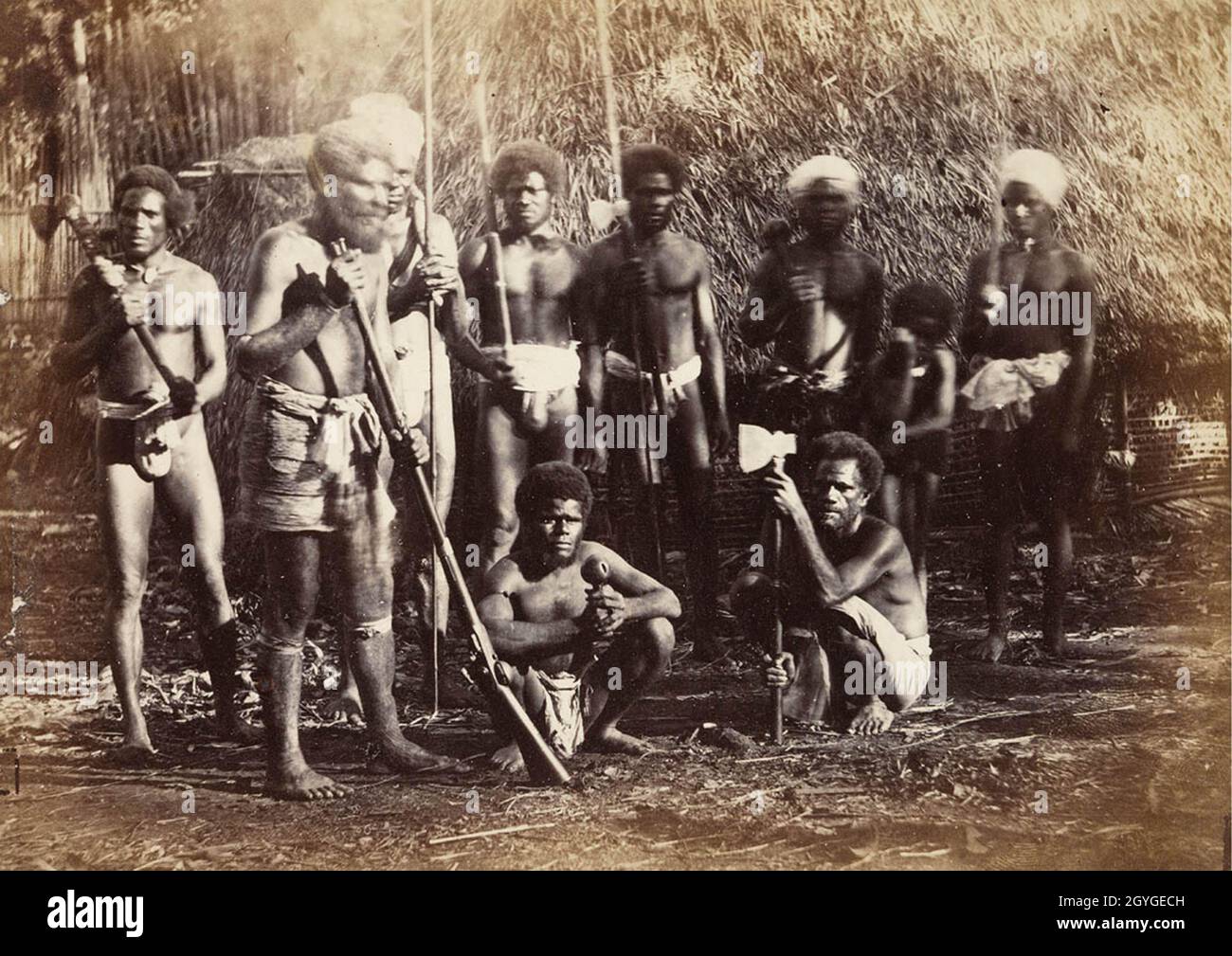 Group of Natives, Mathuata. Fiji, circa 1861, holding European axes and ...