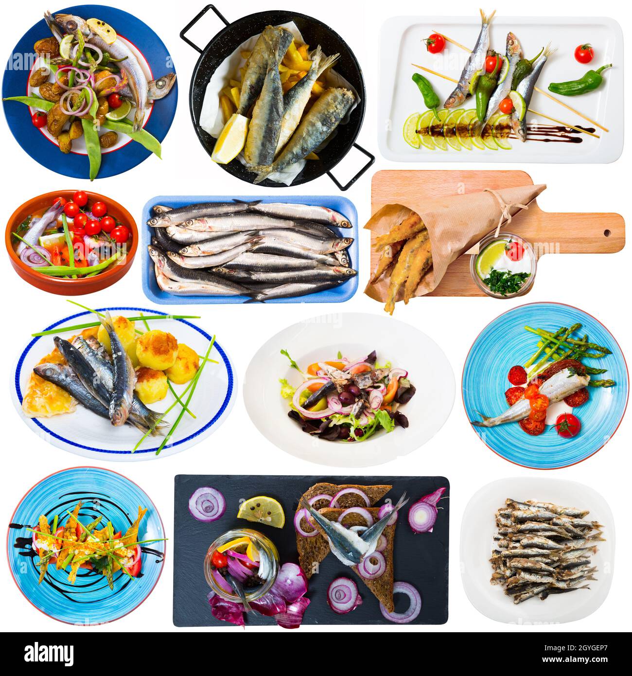 Assorted dishes from small fish - sprat, hamsa, anchovy, sardines Stock ...