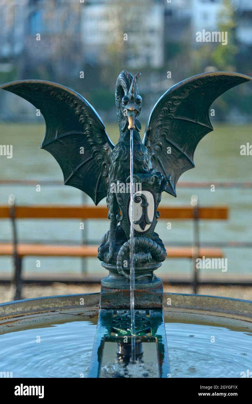 SWITZERLAND, BASEL-STADT, BASEL, OBERER RHEINWEG, DRAGON FOUNTAIN WITH ...