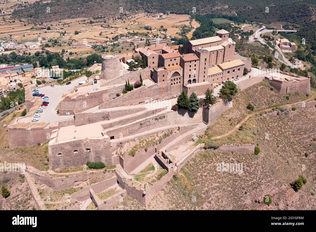 Aerial view of walled fortified castle of Cardona, Catalonia, Spain ...