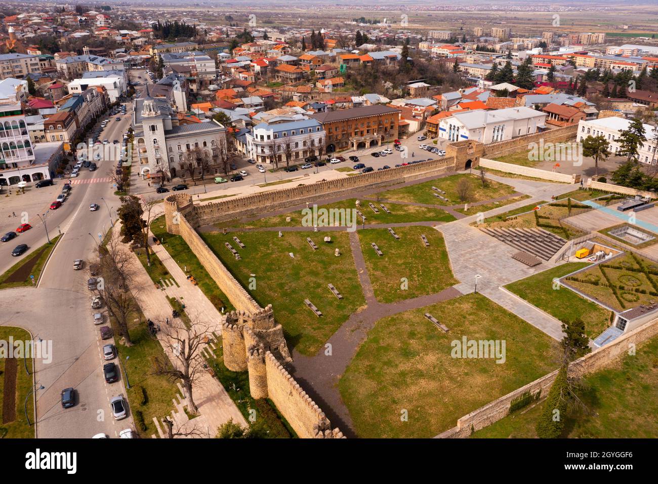 Aerial view of Telavi cityscape with Batonis Tsikhe Castle Stock Photo ...