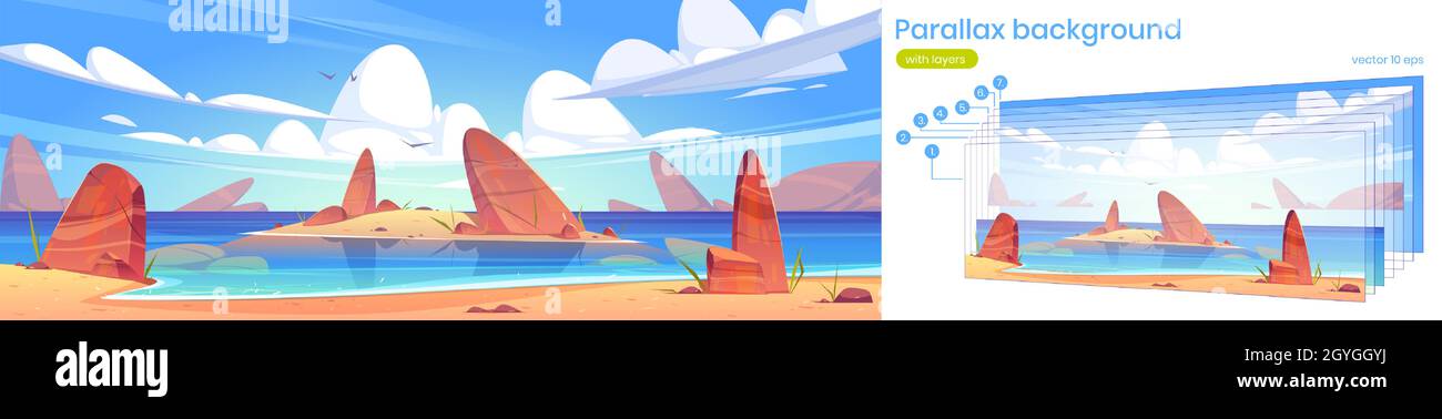 Sea landscape with sand beach and small island with stones in water ...