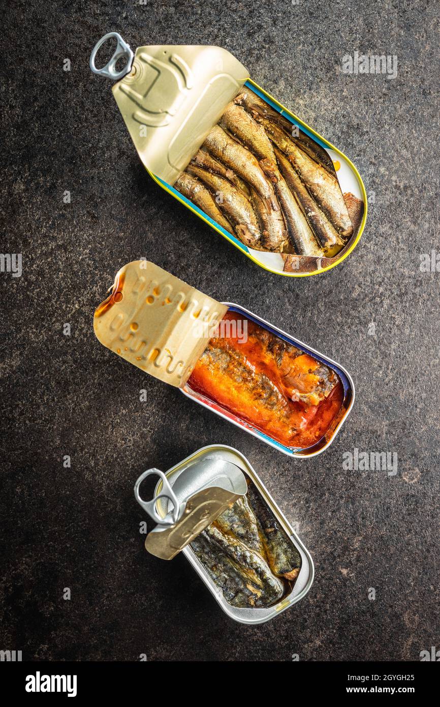 Canned sardines with tomato sauce. Sea fish in tin can. Top view Stock ...
