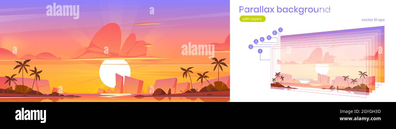 Sunset sky in ocean parallax background, tropical island 2d landscape ...