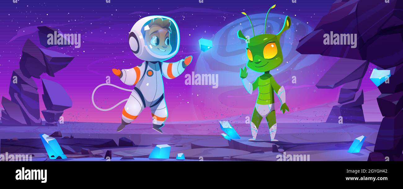Cute spaceman and alien characters on planet at night. Vector cartoon ...
