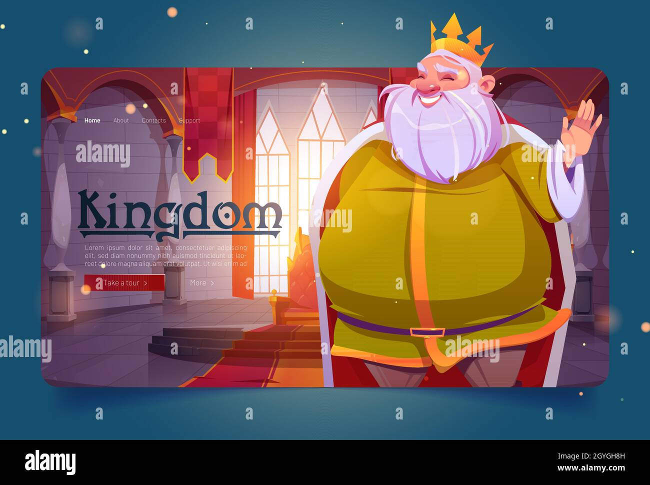 Kingdom cartoon landing page, king in palace, medieval royal family ...