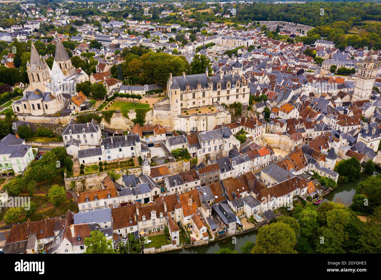 Aerial view of Loches overlooking fortified royal Chateau, France Stock ...