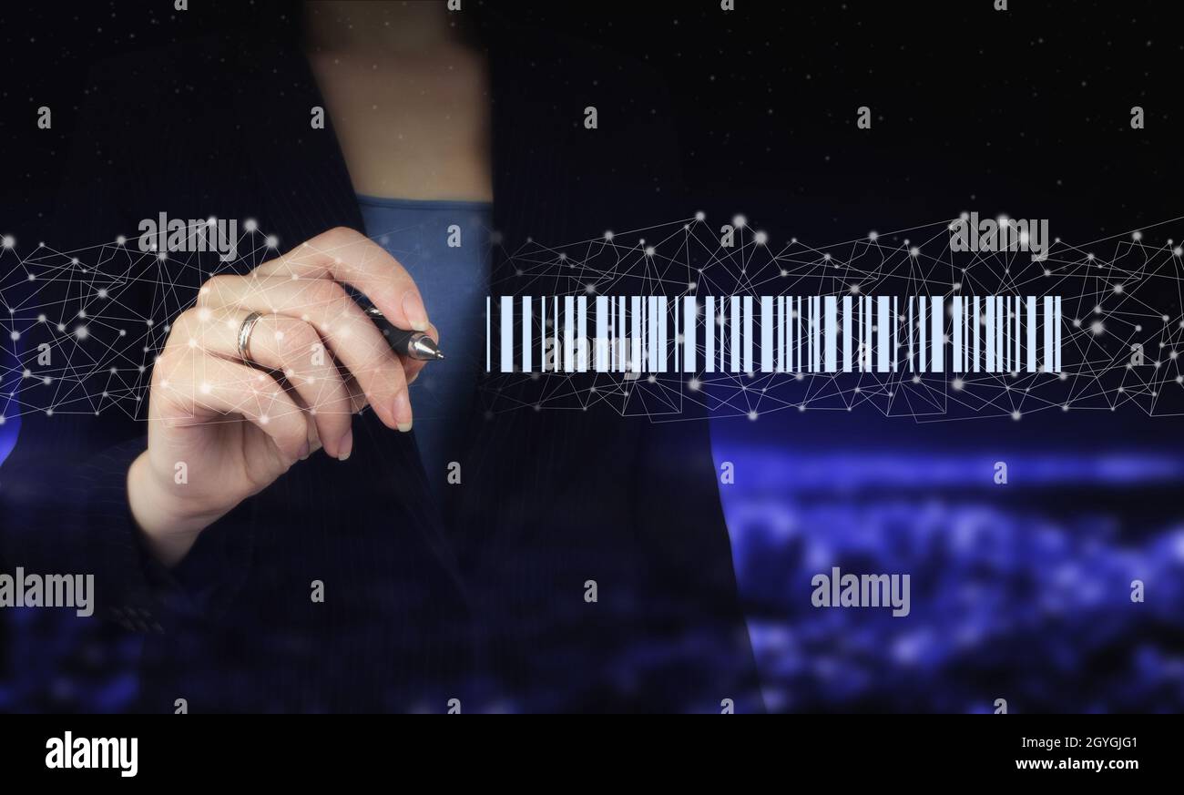 Bar Code Price Tag Merchandise Concept. Hand holding digital graphic ...