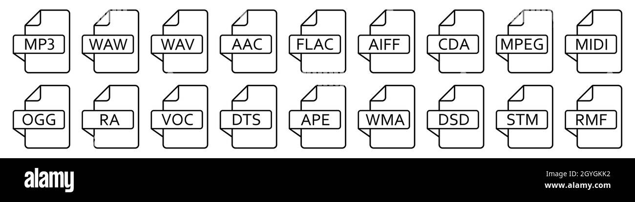 Audio file formats. Set of linear icons of different audio formats ...