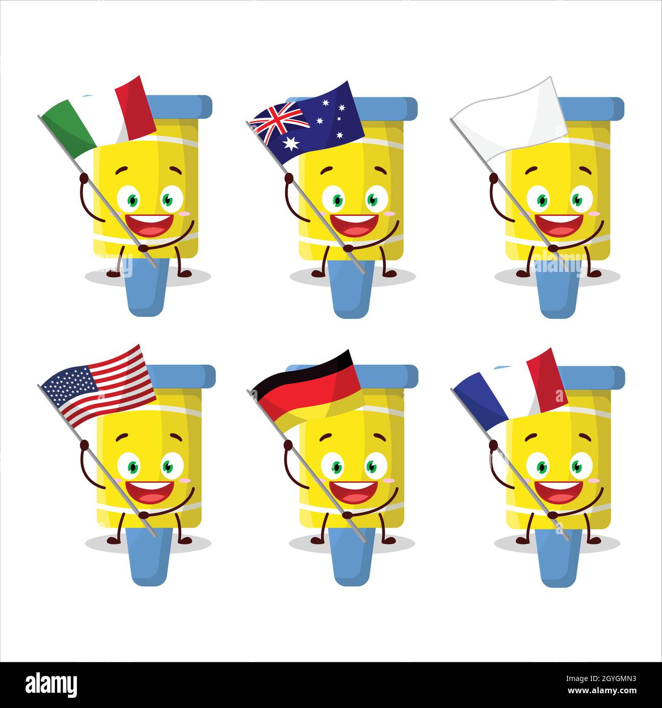 Fireworks shells cartoon character bring the flags of various countries ...