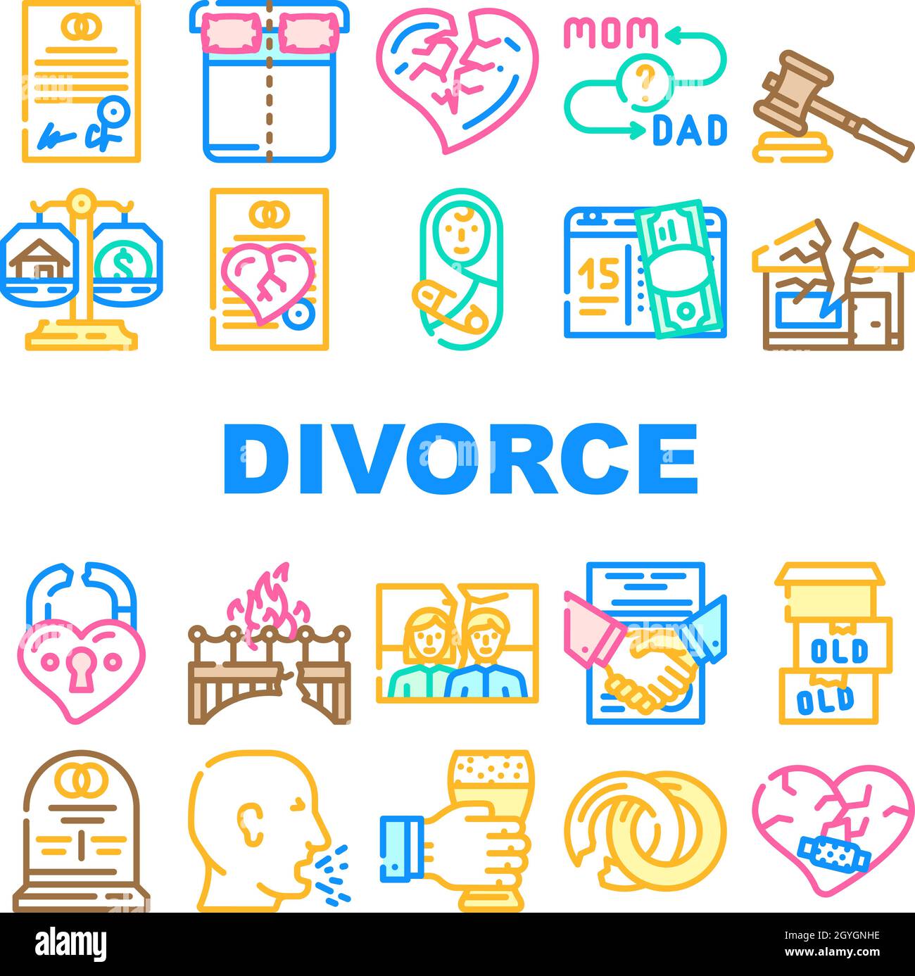 Divorce Couple Canceling Marriage Icons Set Vector Stock Vector Image ...