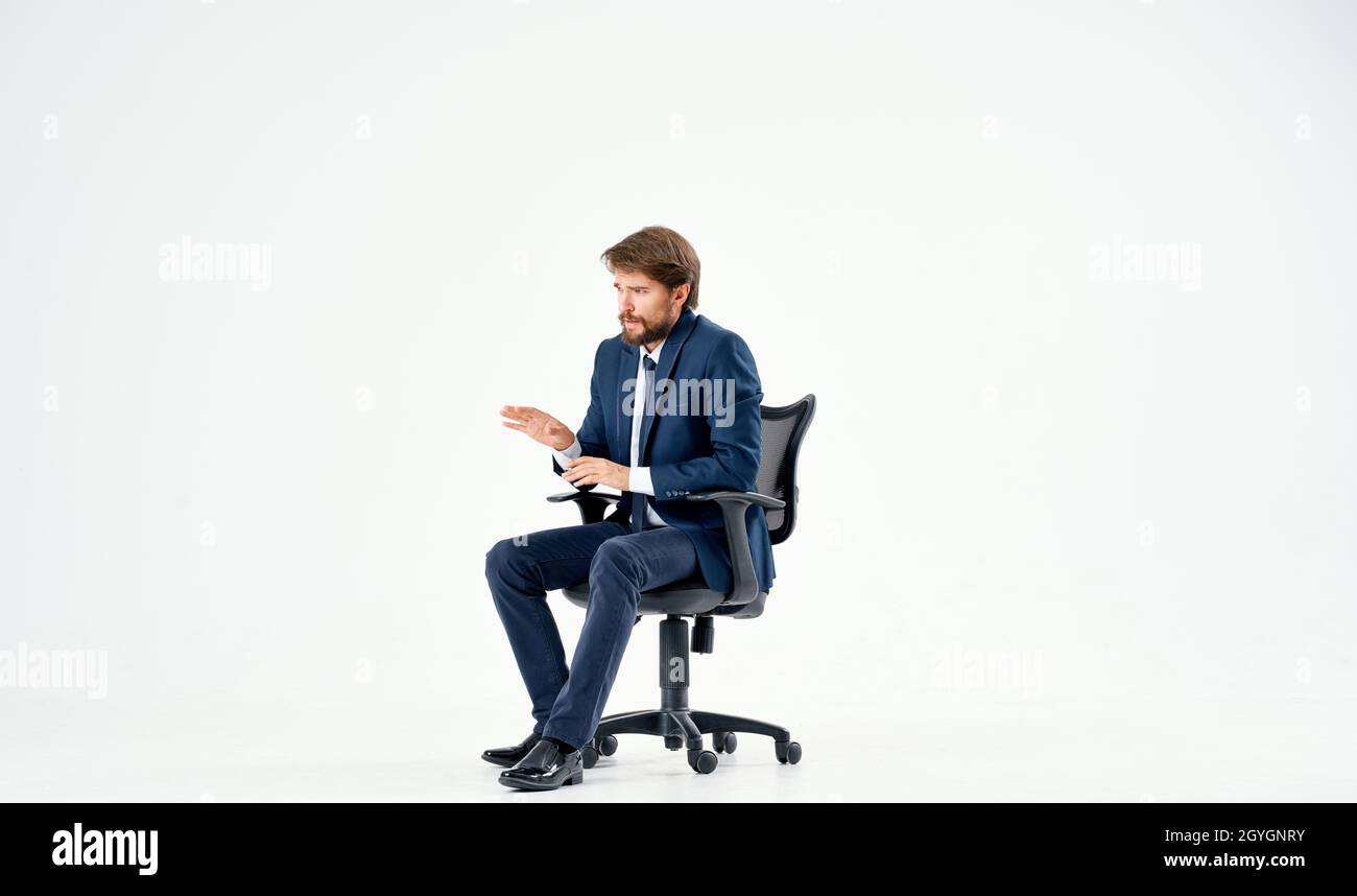 business man sitting in office chair working isolated background Stock ...