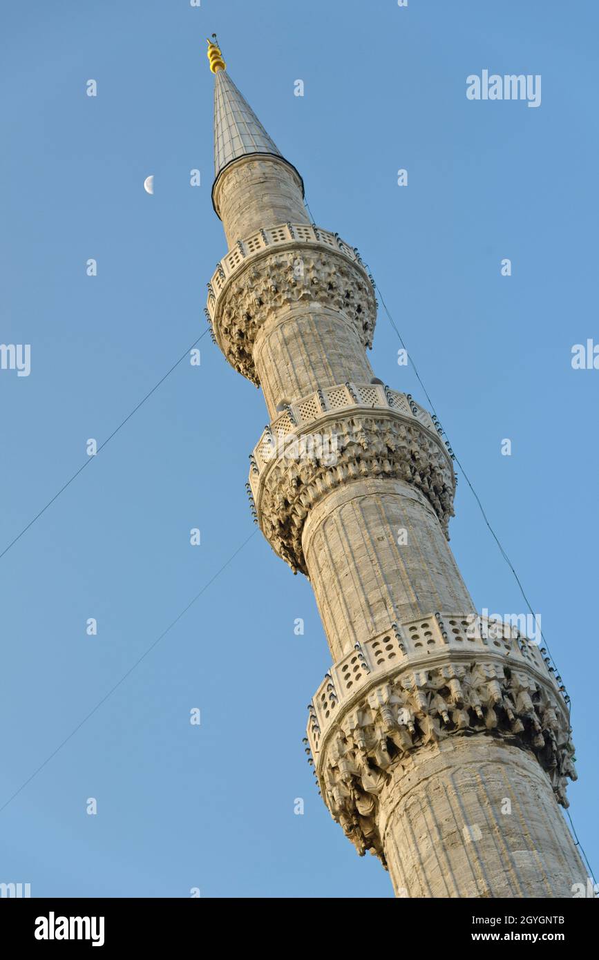 TURKEY, ISTANBUL, MINARET OF THE BLUE MOSQUE (SULTAN AHMET MOSQUE OR ...