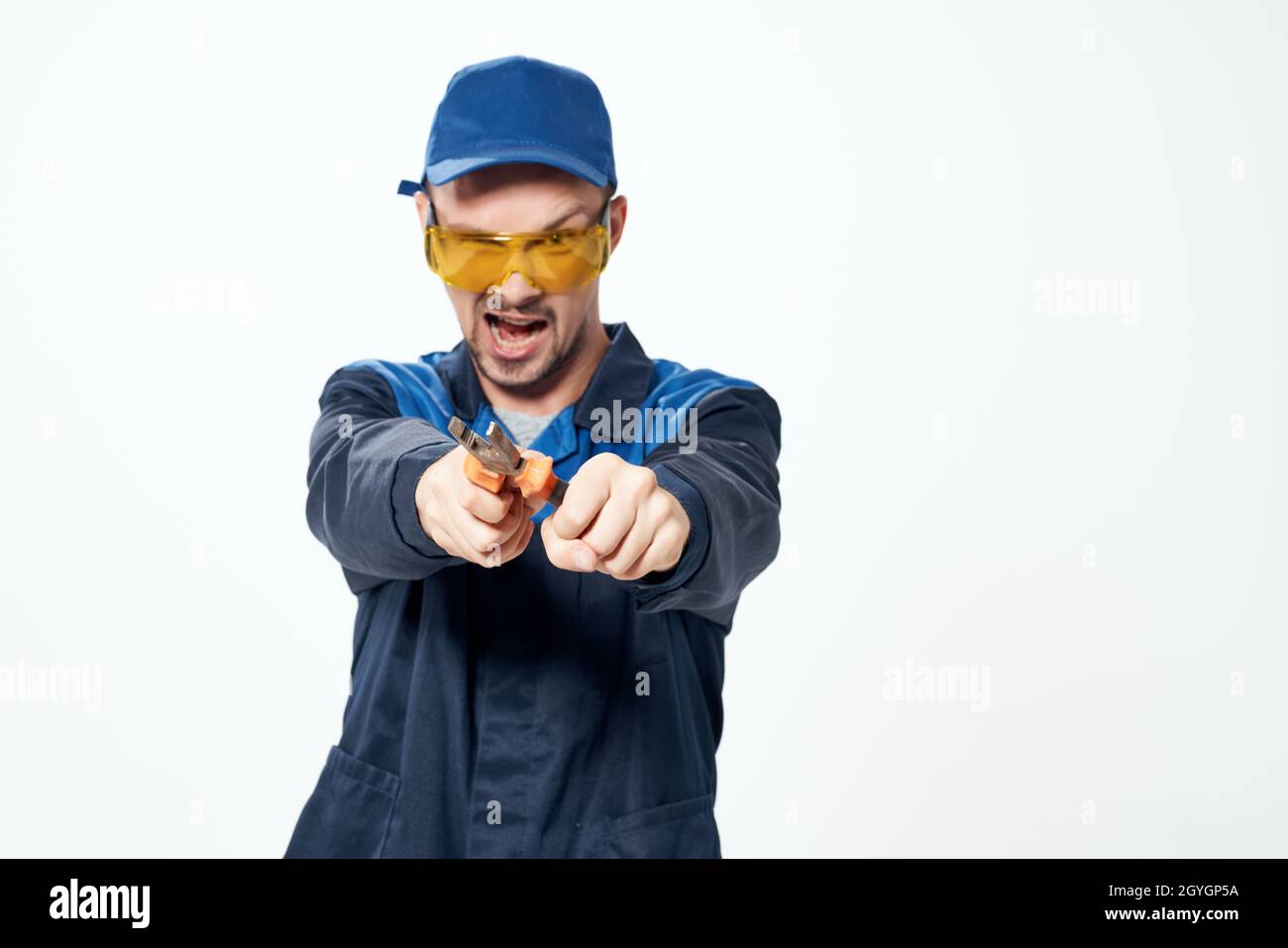 worker in yellow construction glasses emotions isolated background ...