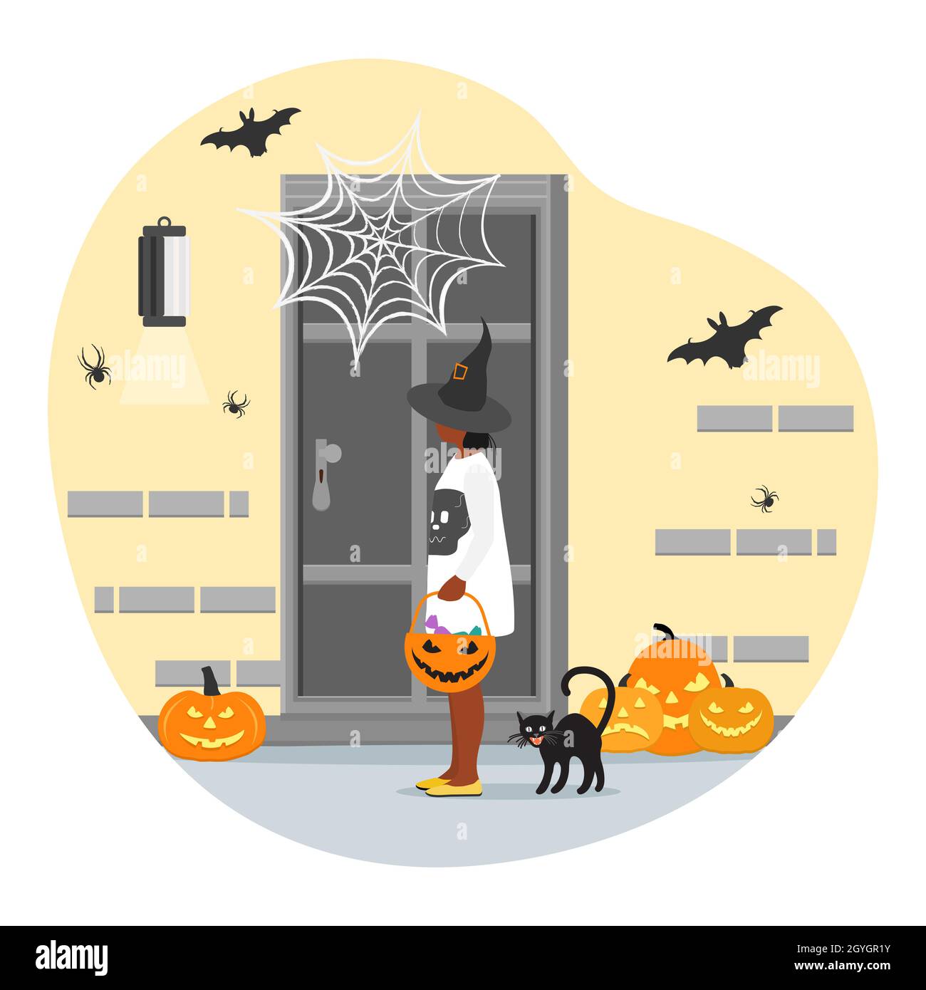 Vector illustration Happy Halloween. Girl wearing festive clothes ...