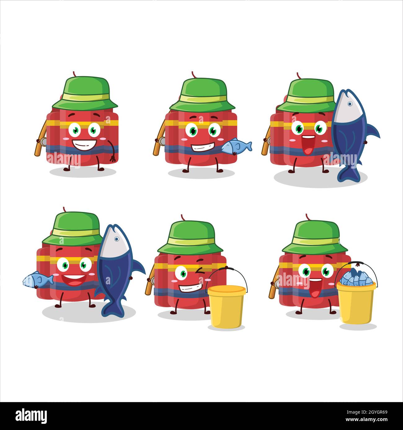 A fisherman red dynamite bomb cartoon picture catch a big fish. Vector ...