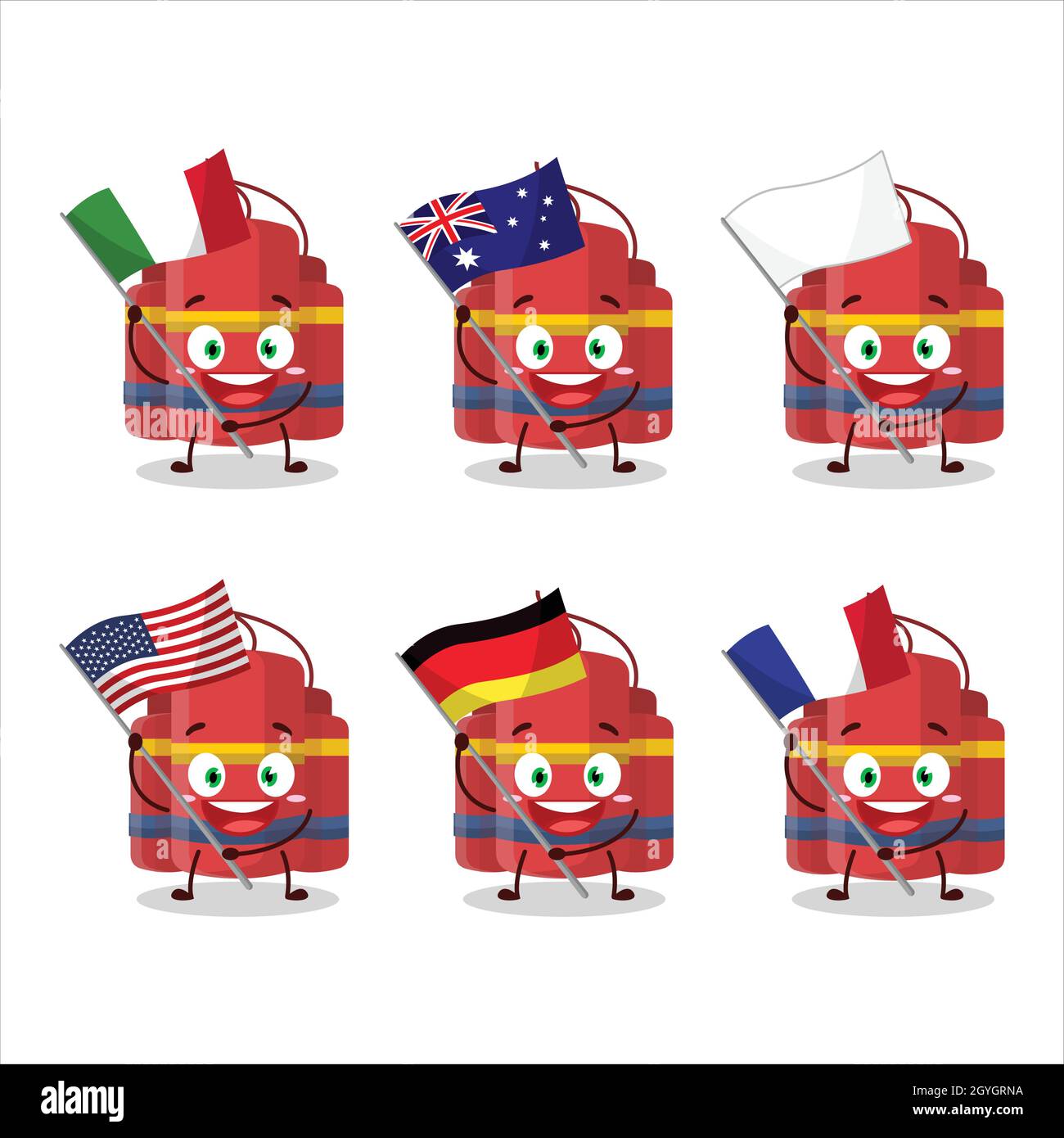 Red dynamite bomb cartoon character bring the flags of various ...