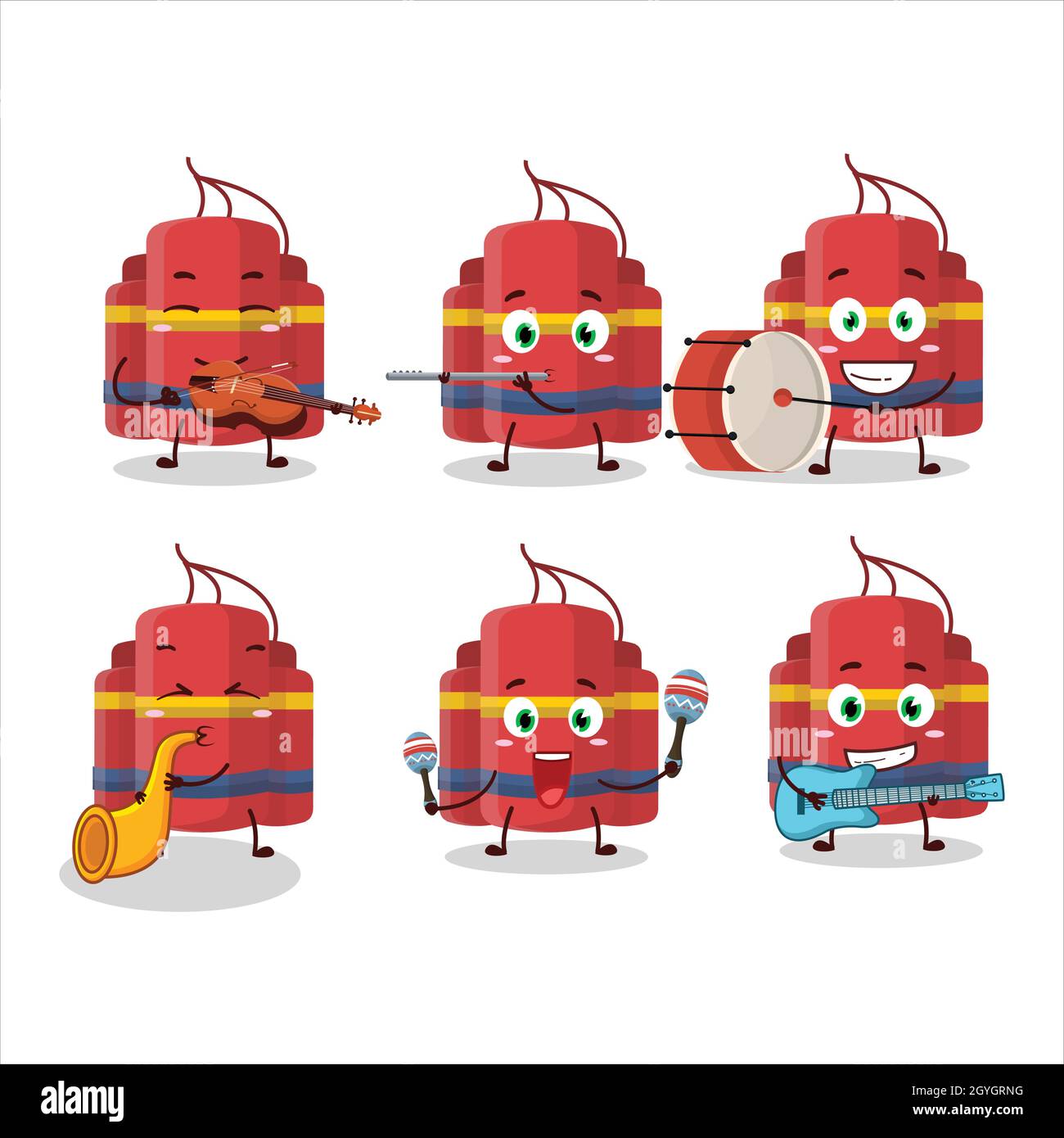 Cartoon character of red dynamite bomb playing some musical instruments ...
