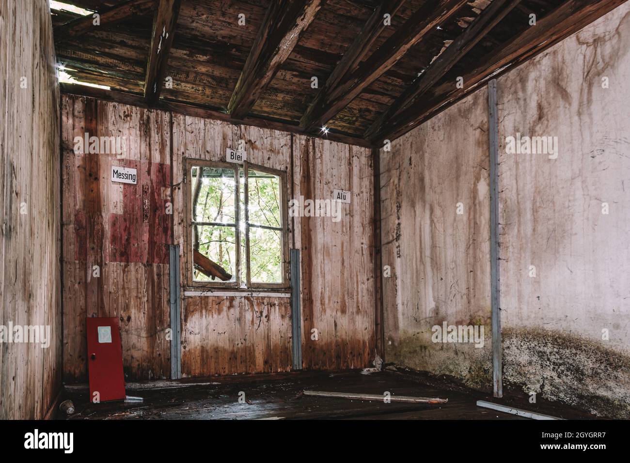 An old abandoned barracks, a dilapidated military site with many ...