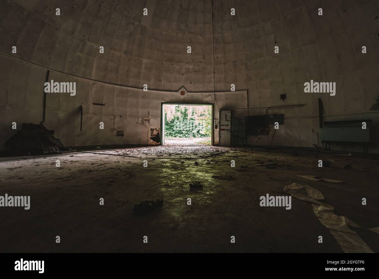 An old abandoned barracks, a dilapidated military site with many ...