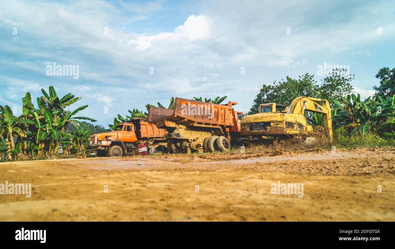 Wreck of heavy machinery in the junkyard of forestry company. Broken ...