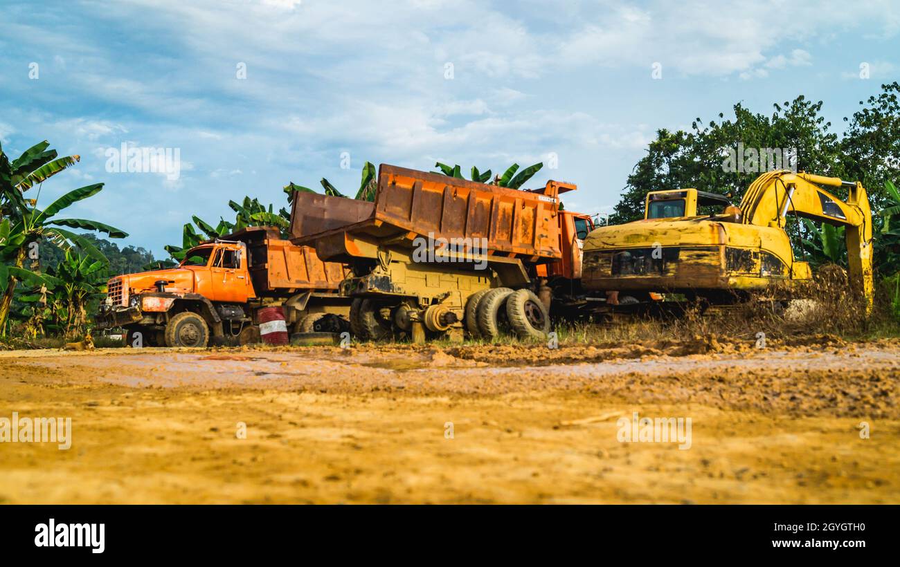 Wreck of heavy machinery in the junkyard of forestry company. Broken ...