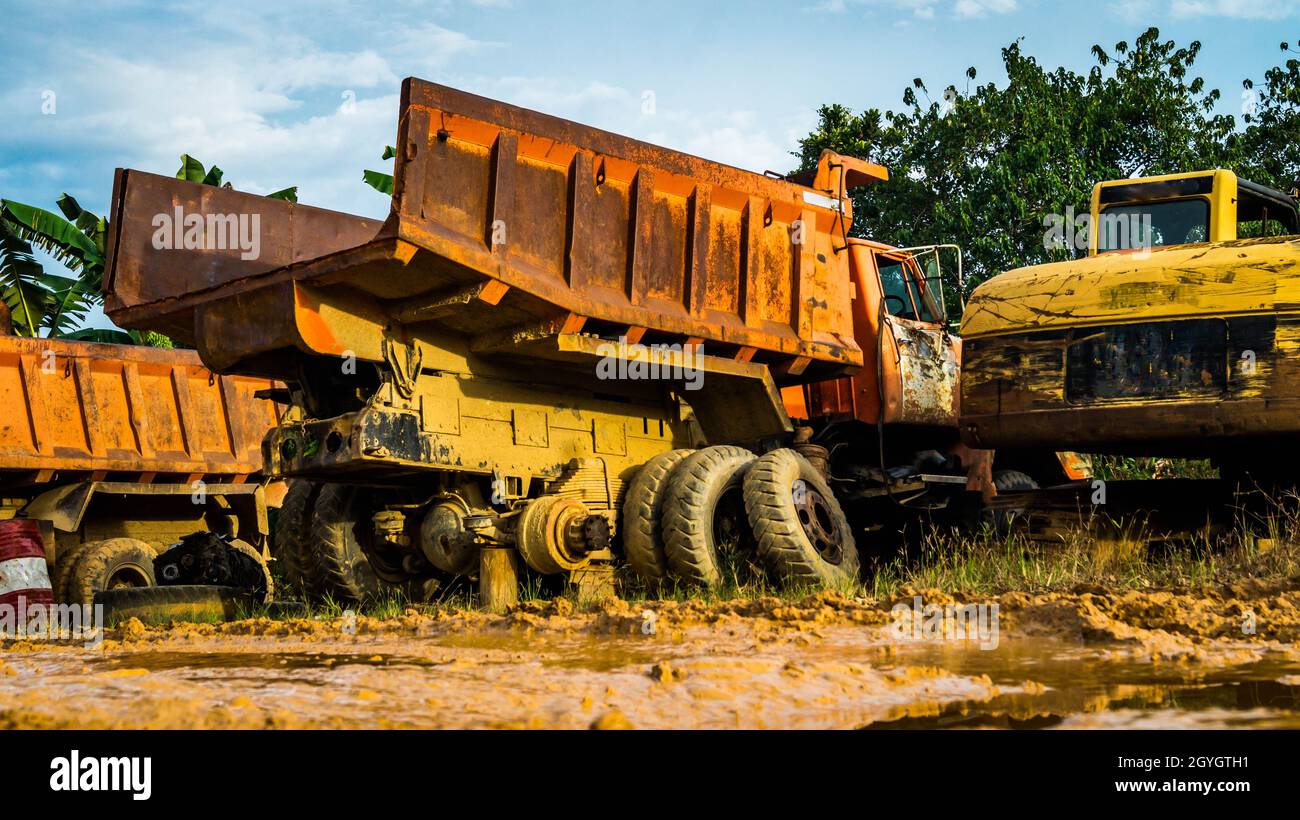 Wreck of heavy machinery in the junkyard of forestry company. Broken ...