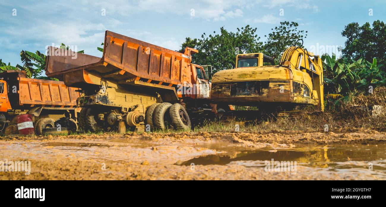 Wreck of heavy machinery in the junkyard of forestry company. Broken ...